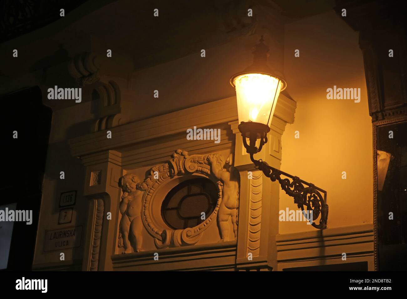 Lantern on the old building at night in Bratislava, Slovakia Stock ...
