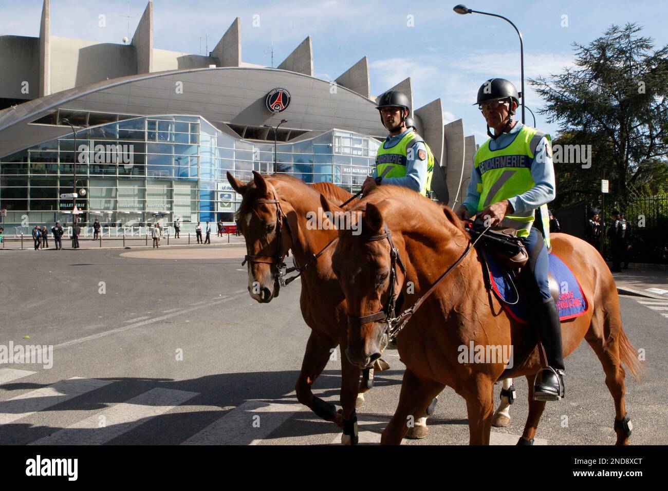 French mounted police patrol outside Parc des Prince stadium, prior to ...