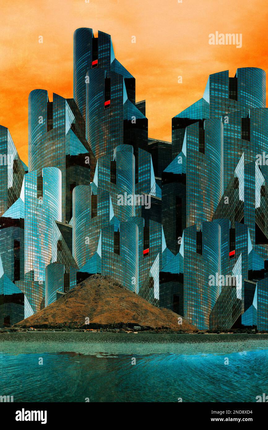 Collage with modern multi-storey buildings and hills with a pond Stock ...