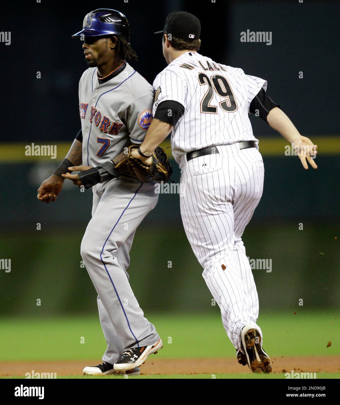 New York Mets' Jose Reyes (7) is tagged out by Houston Astros first ...