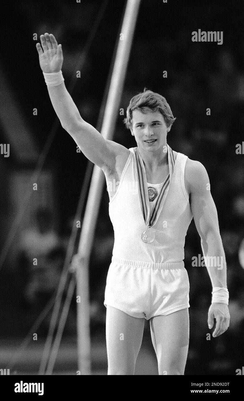 Alexander Dityatin of the Soviet Union waves to crowds in Moscow Friday ...