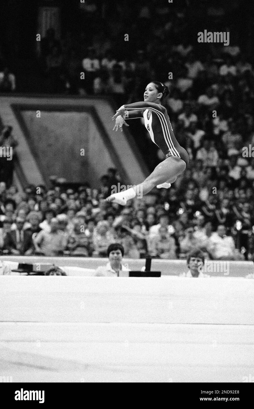 Soviet gymnast Nelli Kim gives a sparkling leap during her performance ...