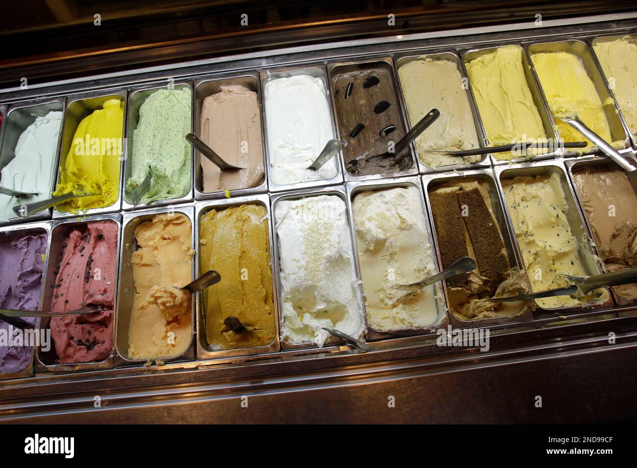 In this Aug. 9, 2010 photo, different flavors of gelato are stored in ...