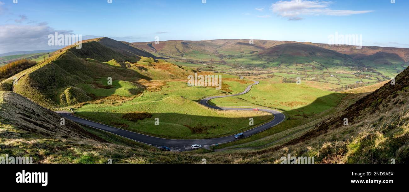 A panoramic view of Winnats Pass from the Mam tor hill in the Peak ...