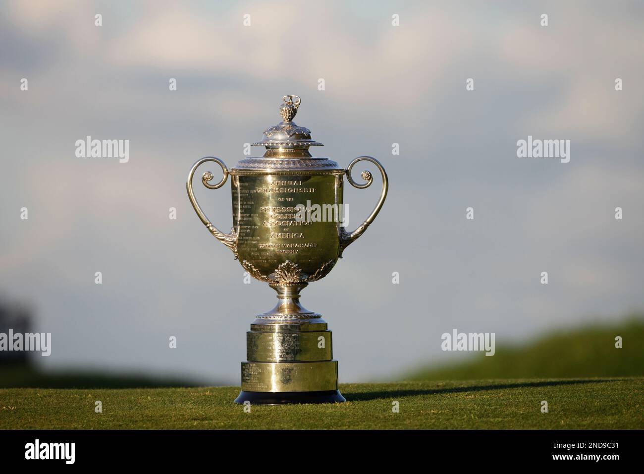 The Wanamaker Trophy is seen on the ground after Martin Kaymer of ...