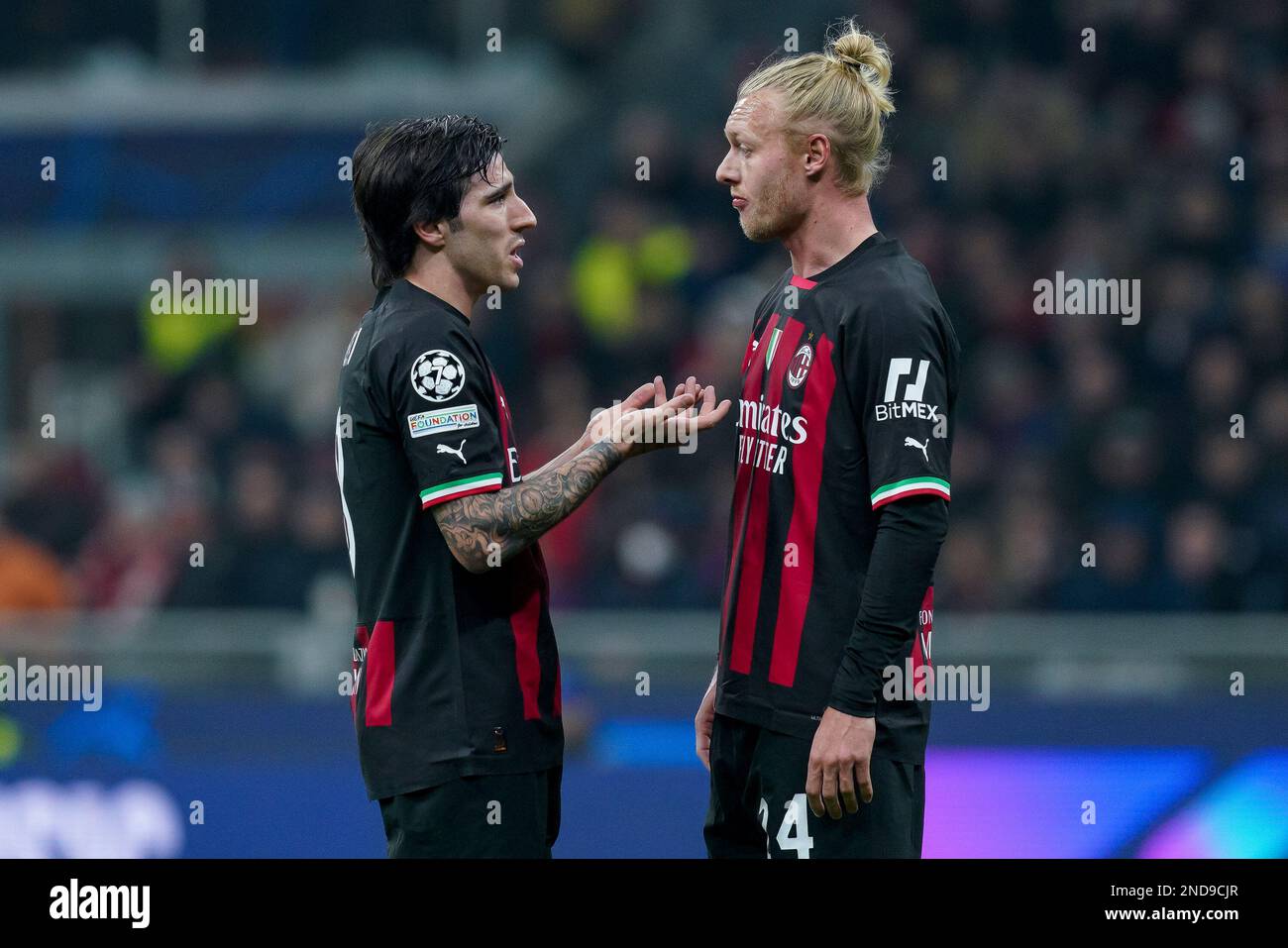 Milan, Italy. 14th Feb, 2023. Simon Kjaer of AC Milan talks with Sandro ...