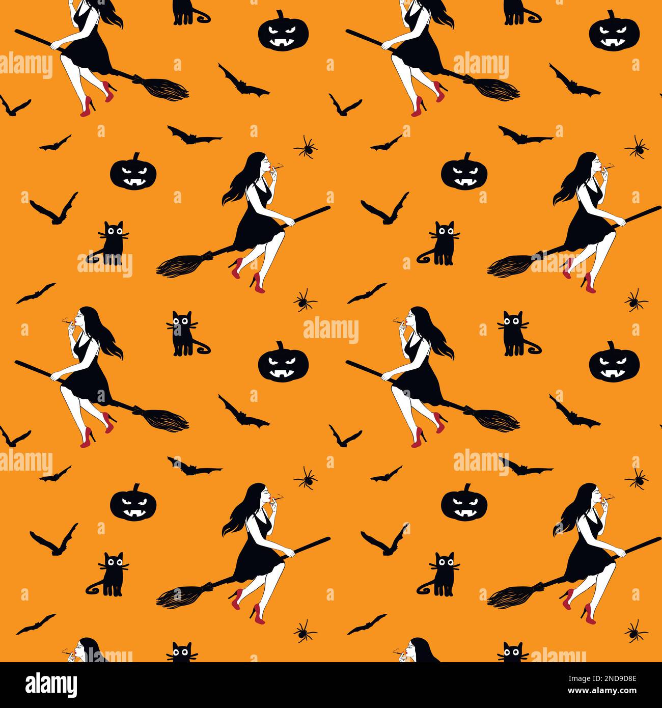 Witch flying on a broom with spooky bats, spiders, cats and pumpkins ...