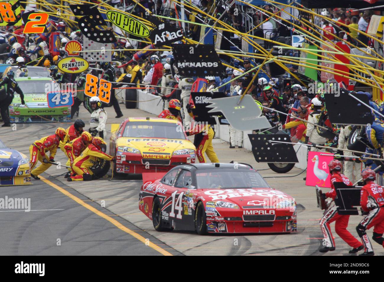Tony Stewart pulls into the pits during the Carfax 400 at Michigan International Speedway in ...