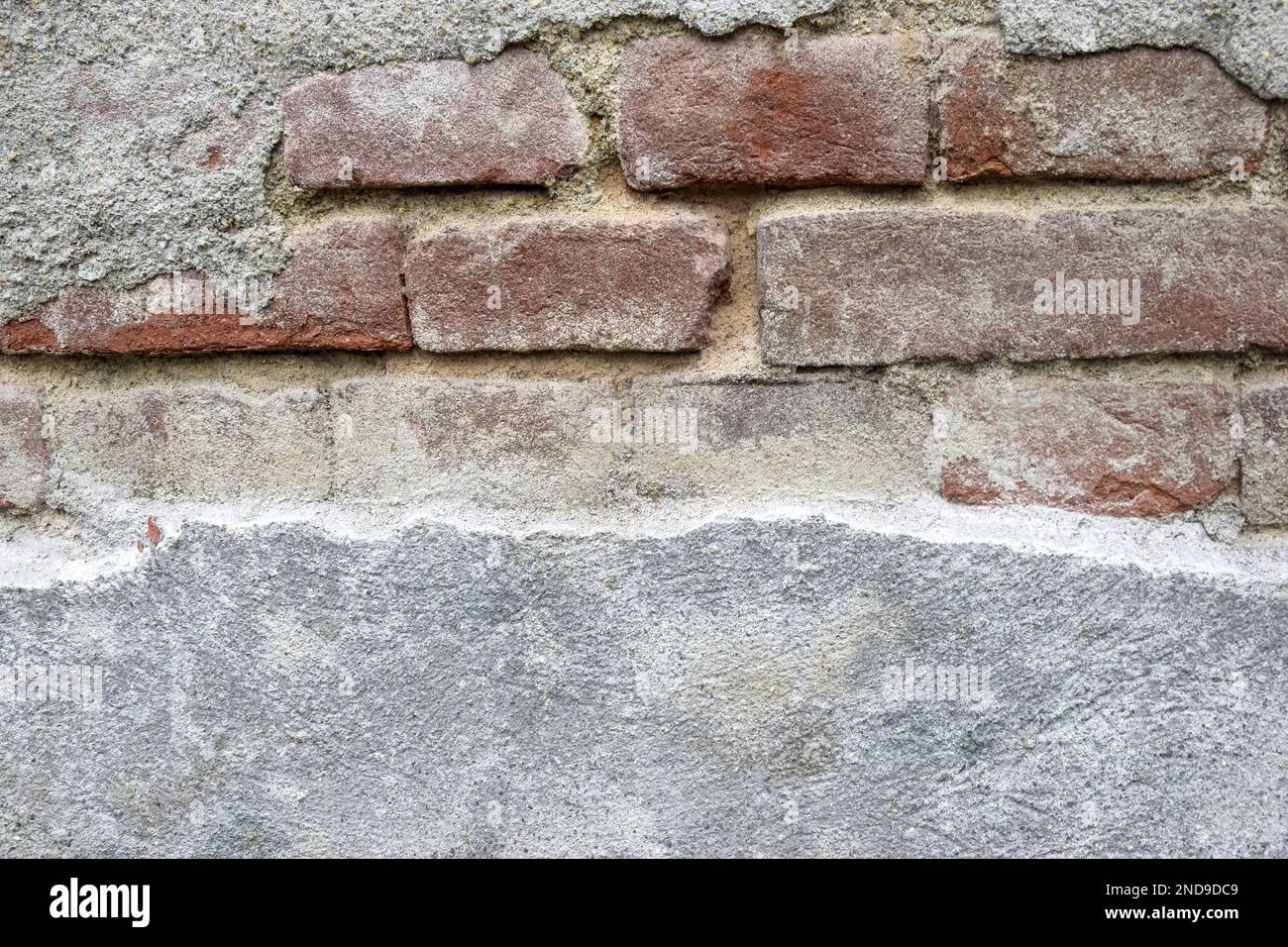 Texture of old brick wall with collapsed plaster. Background of shabby ...