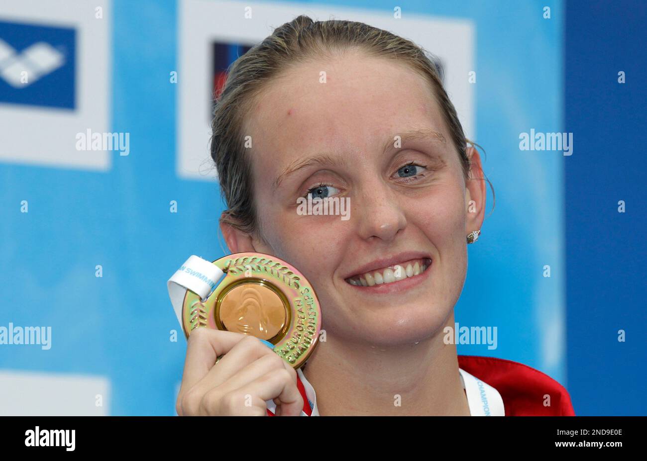 Britain's Francesca Halsall shows off her bronze medal after the Women ...