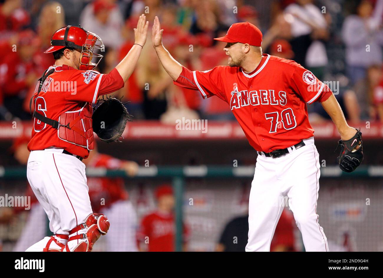 Los Angeles Angels relief pitcher Trevor Bell (70) congratulates ...