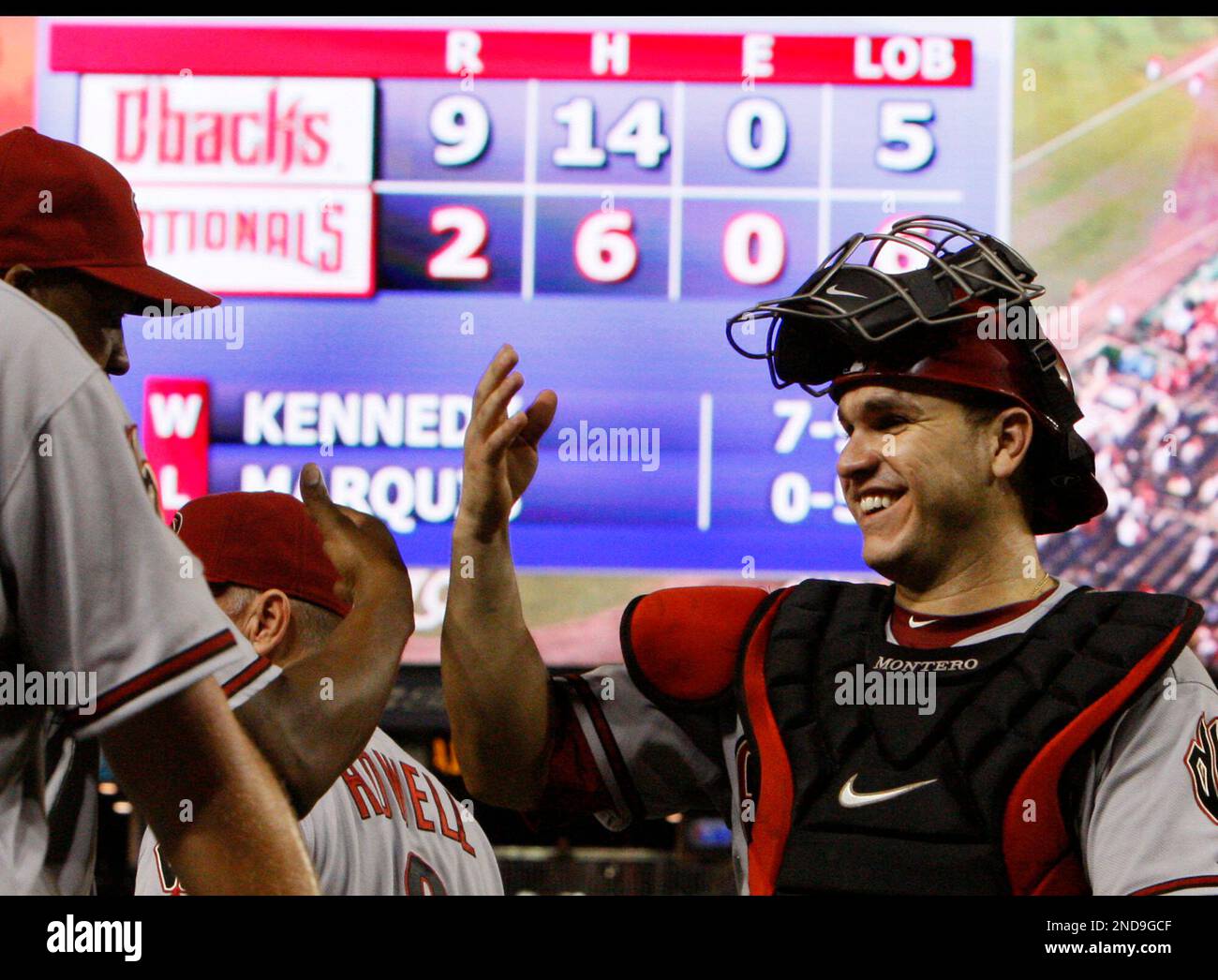 Arizona Diamondbacks catcher Miguel Montero, right, celebrates with ...