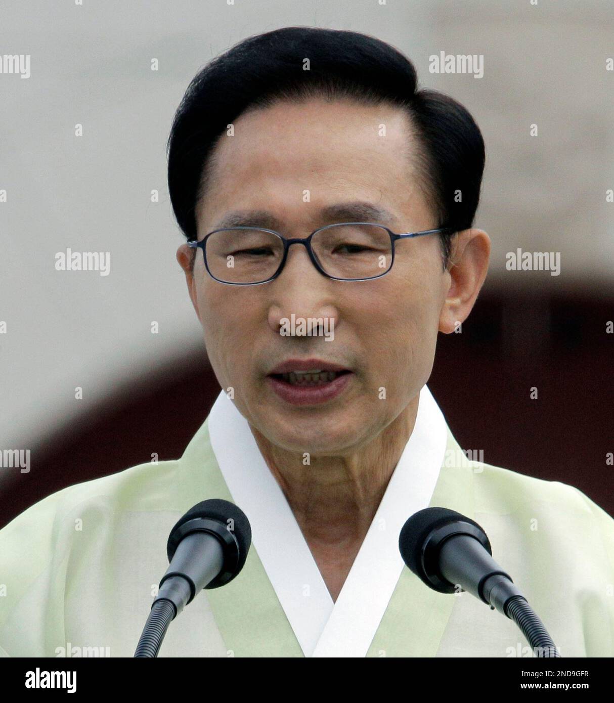 South Korean President Lee Myung-bak delivers a speech during a ...