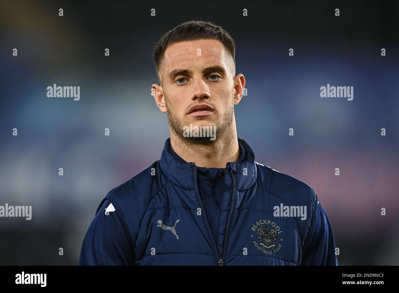Jerry Yates #9 of Blackpool arrives ahead of the Sky Bet Championship ...