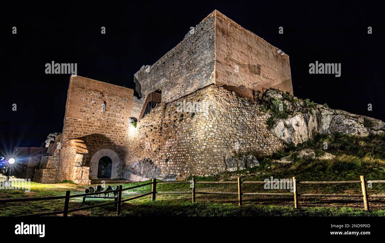 Night vision of medieval Ayora castle of Arab origin. In region of ...