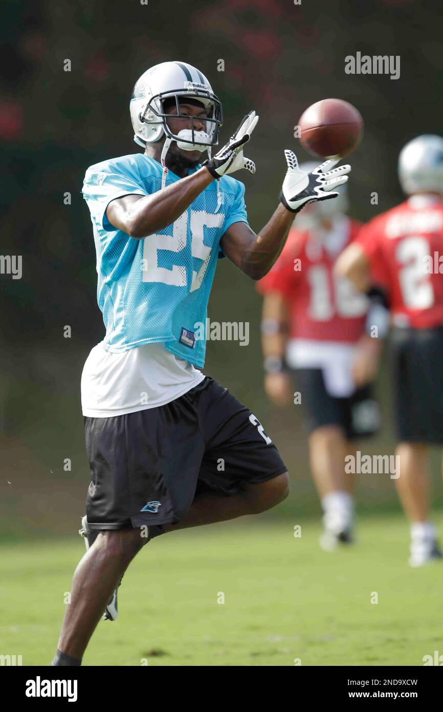 Carolina Panthers' Marcus Hudson (25) catches a ball during practice at the NFL football team's ...