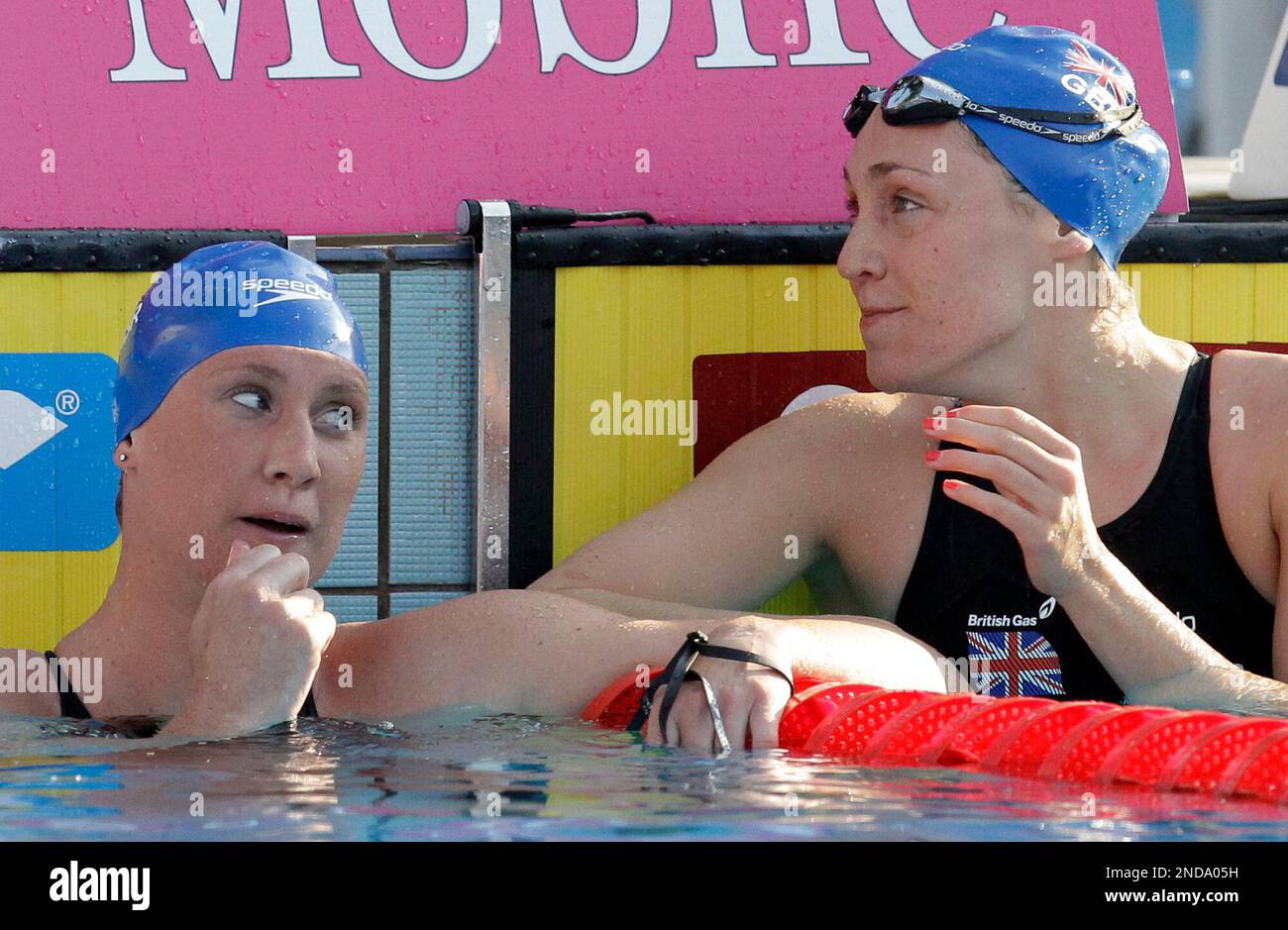 Britain's Gemma Spofforth, left, is congratulated by her teammate ...