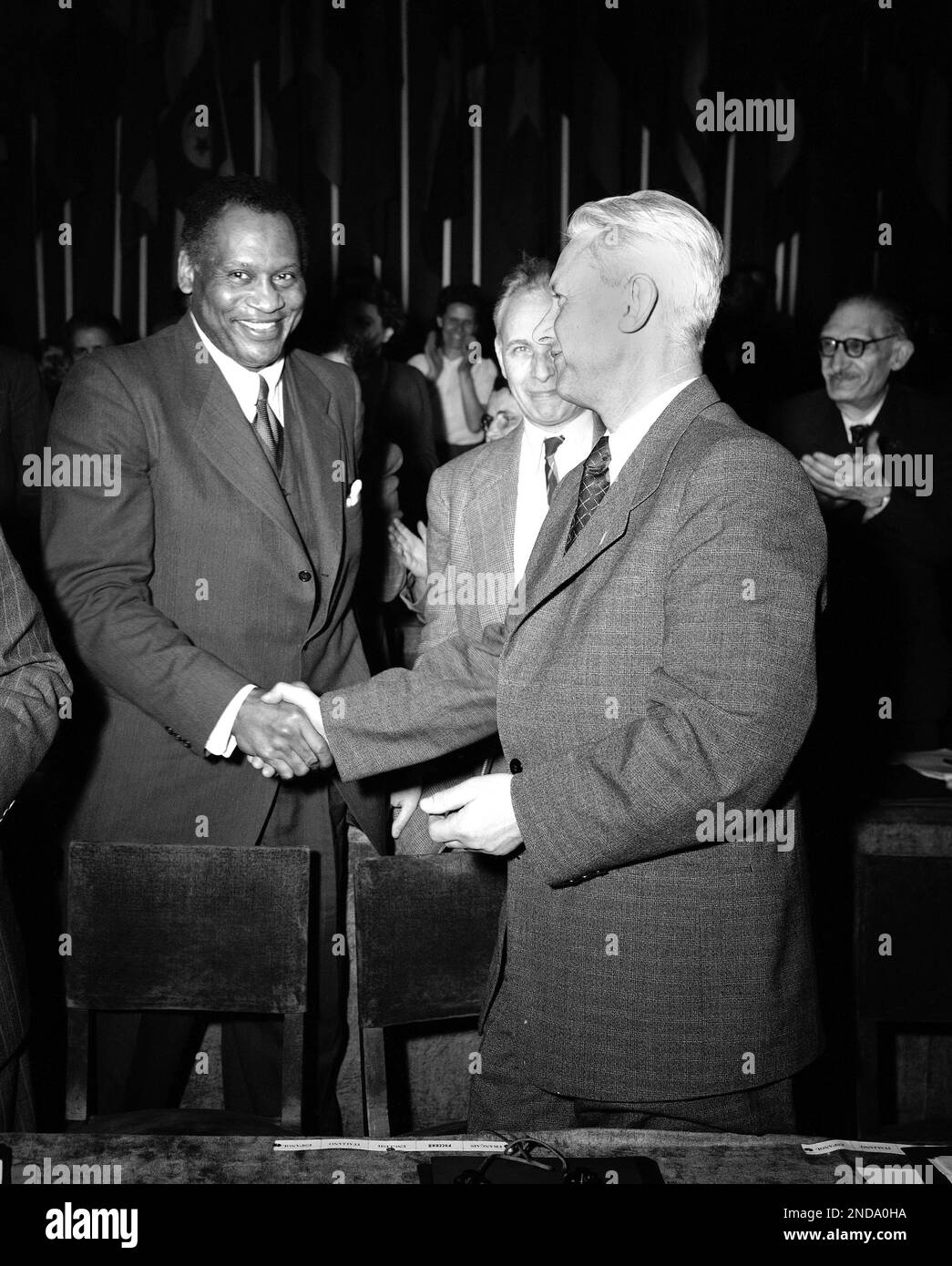 Singer Paul Robeson shakes hands with Russian writer Alexander Fadeyev ...