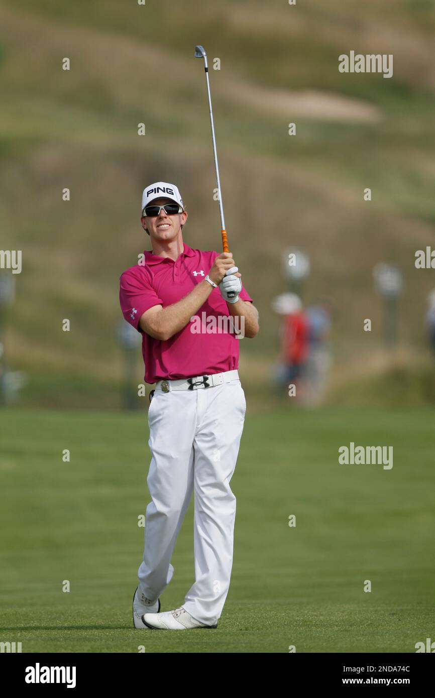 Hunter Mahan hits during a practice round for the PGA Championship golf ...