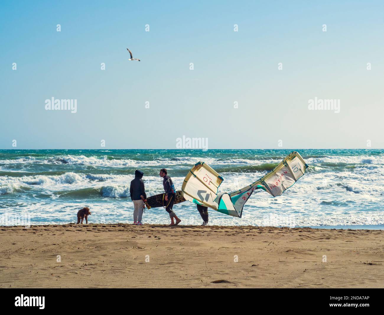 Tourists walking on the beach with a water sports hang glider on a day ...