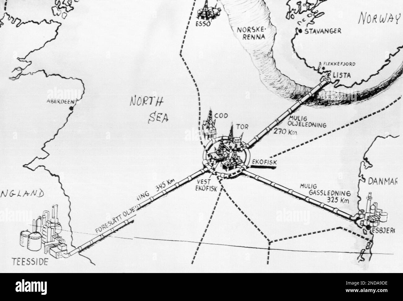 Map showing North Sea Ekofisk field with some projected oil gas ...