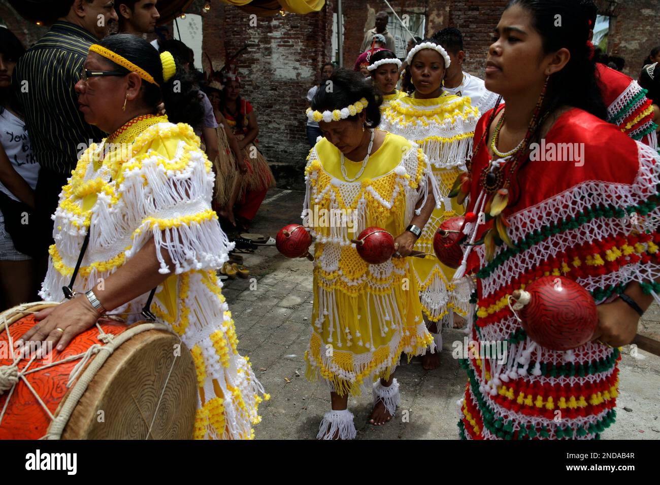 Amerindian indigenous descent from Suriname perform a traditional dance ...