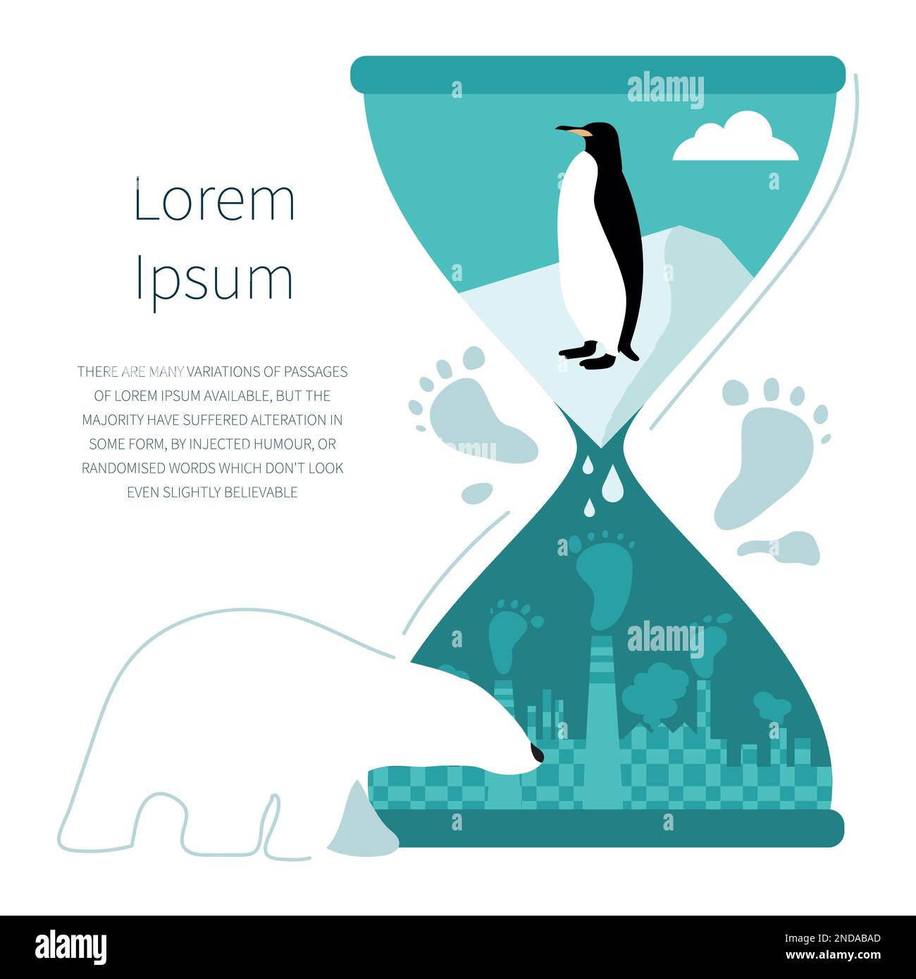 Hourglass with polar bear, penguin and urban city emissions co2. The ...
