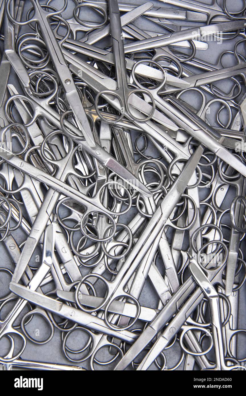 A group of Surgical scissors in abundance in steel and silver color ...