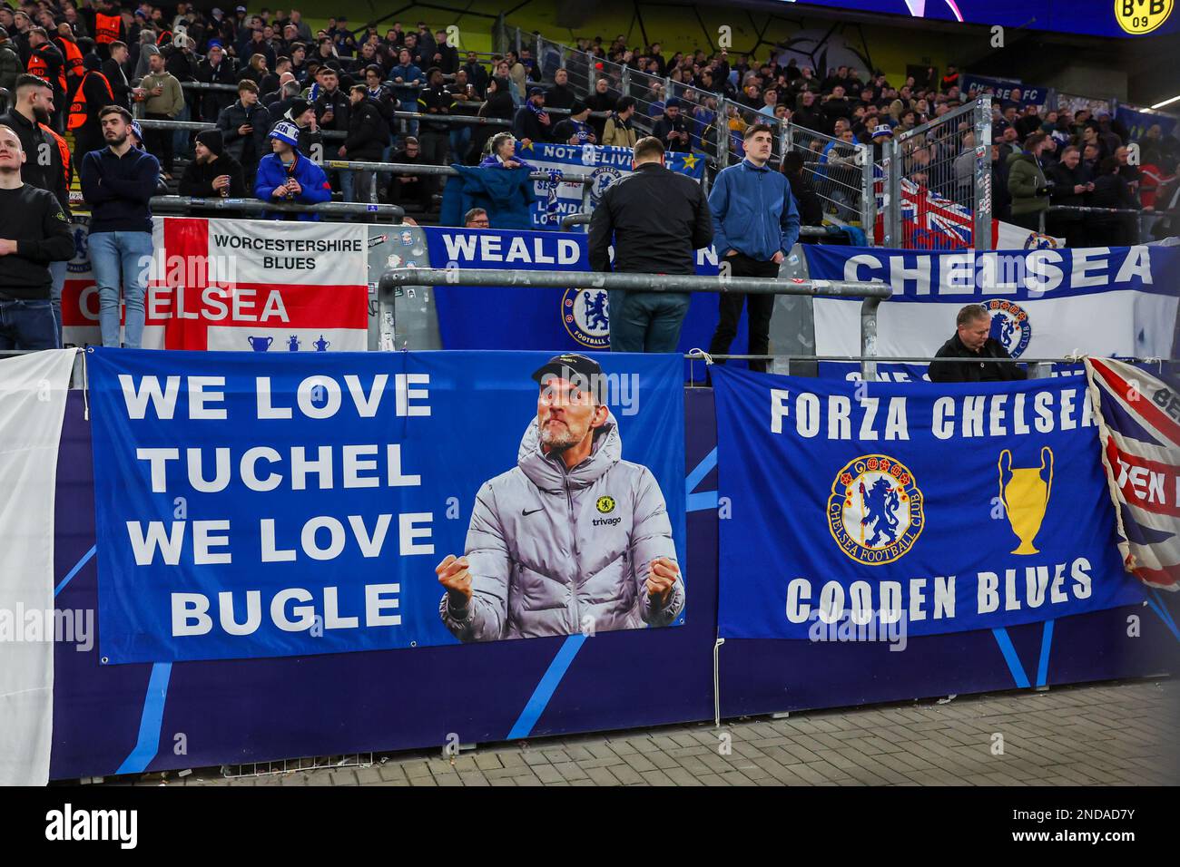 DORTMUND, GERMANY - FEBRUARY 15: Banners of Chelsea fans with Thomas ...