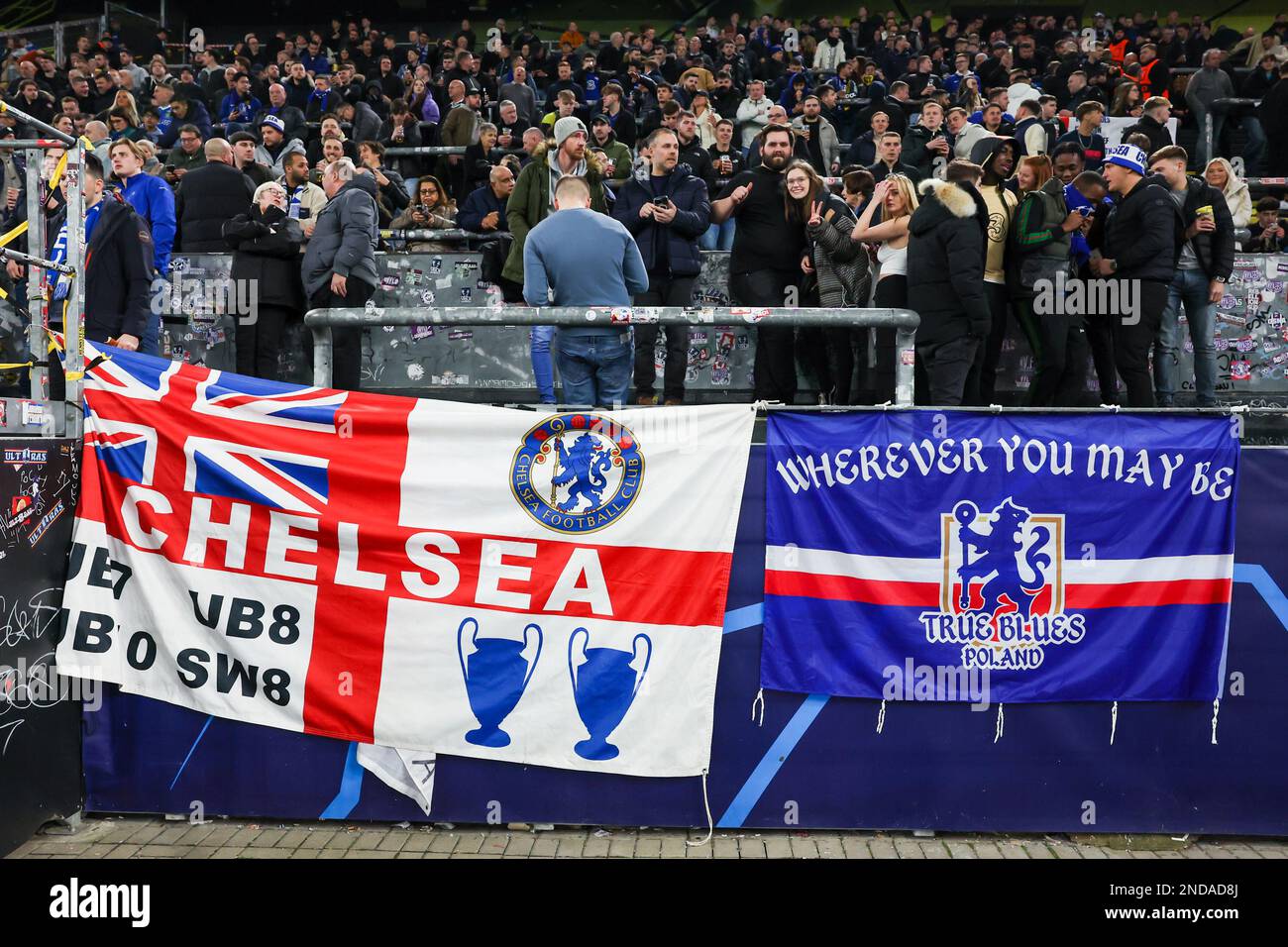 DORTMUND, GERMANY - FEBRUARY 15: Fans of Chelsea with flags during the UEFA Champions Round of ...