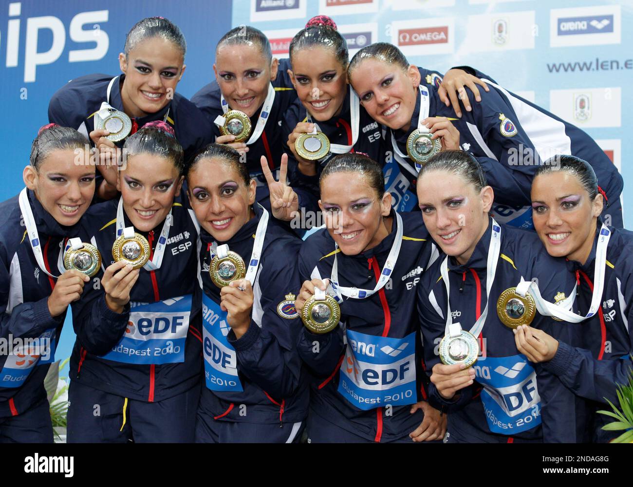Silver medal winning team of Spain show their medals during the ...