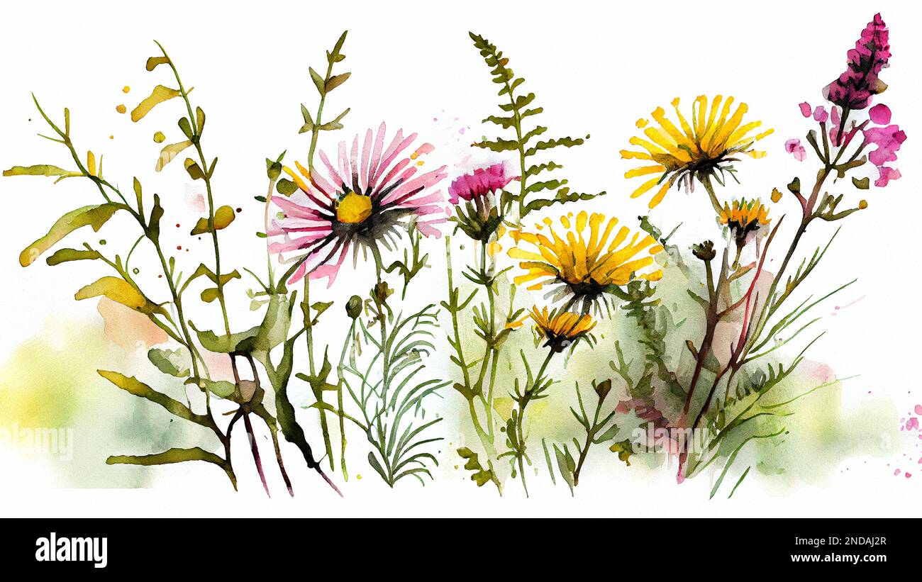 Wild flowers hand drawn watercolor illustration field Stock Photo - Alamy