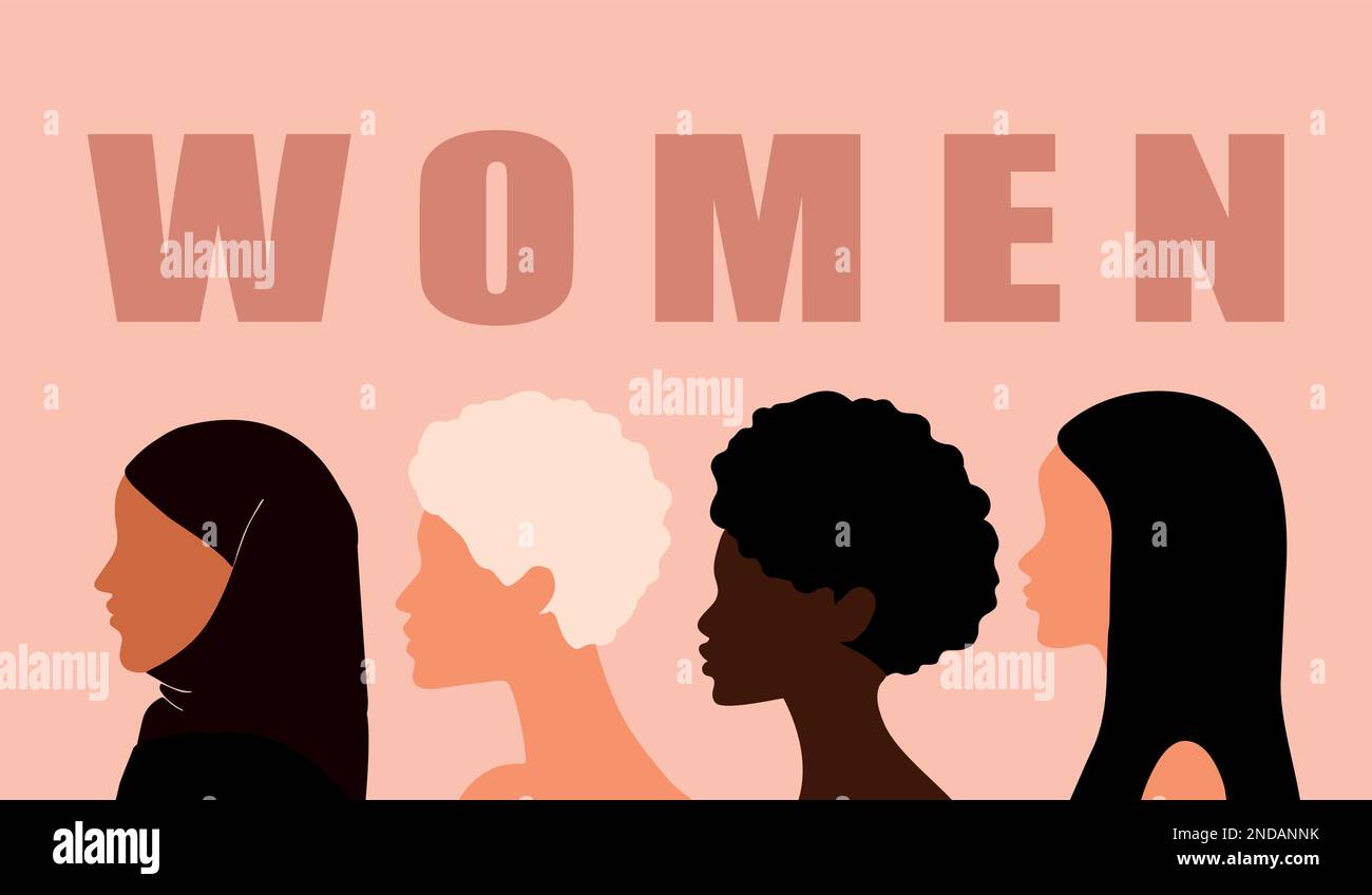 Unity of women of different nationalities and cultures. Female abstract prophiles. Diversity ...