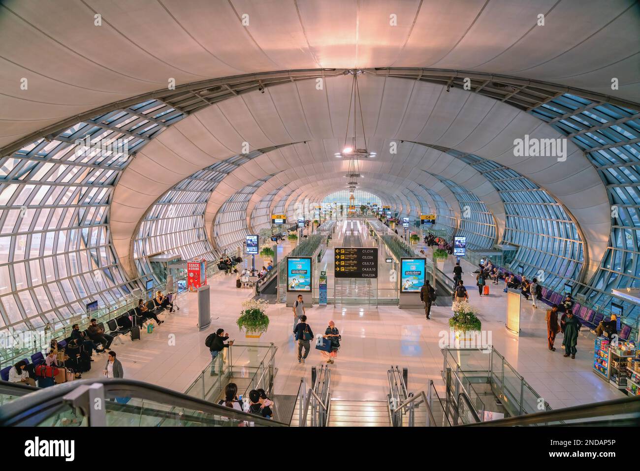 Panoramic photo of passenger terminal with boarding gates at ...