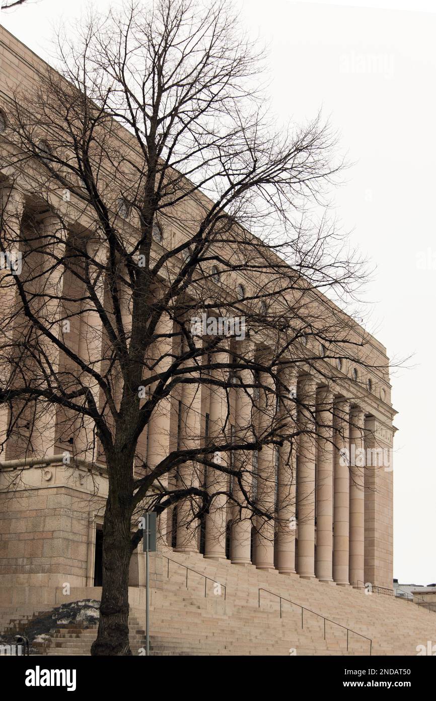 Helsinki Parliament house behind a tree with no leaves. Finland Stock ...