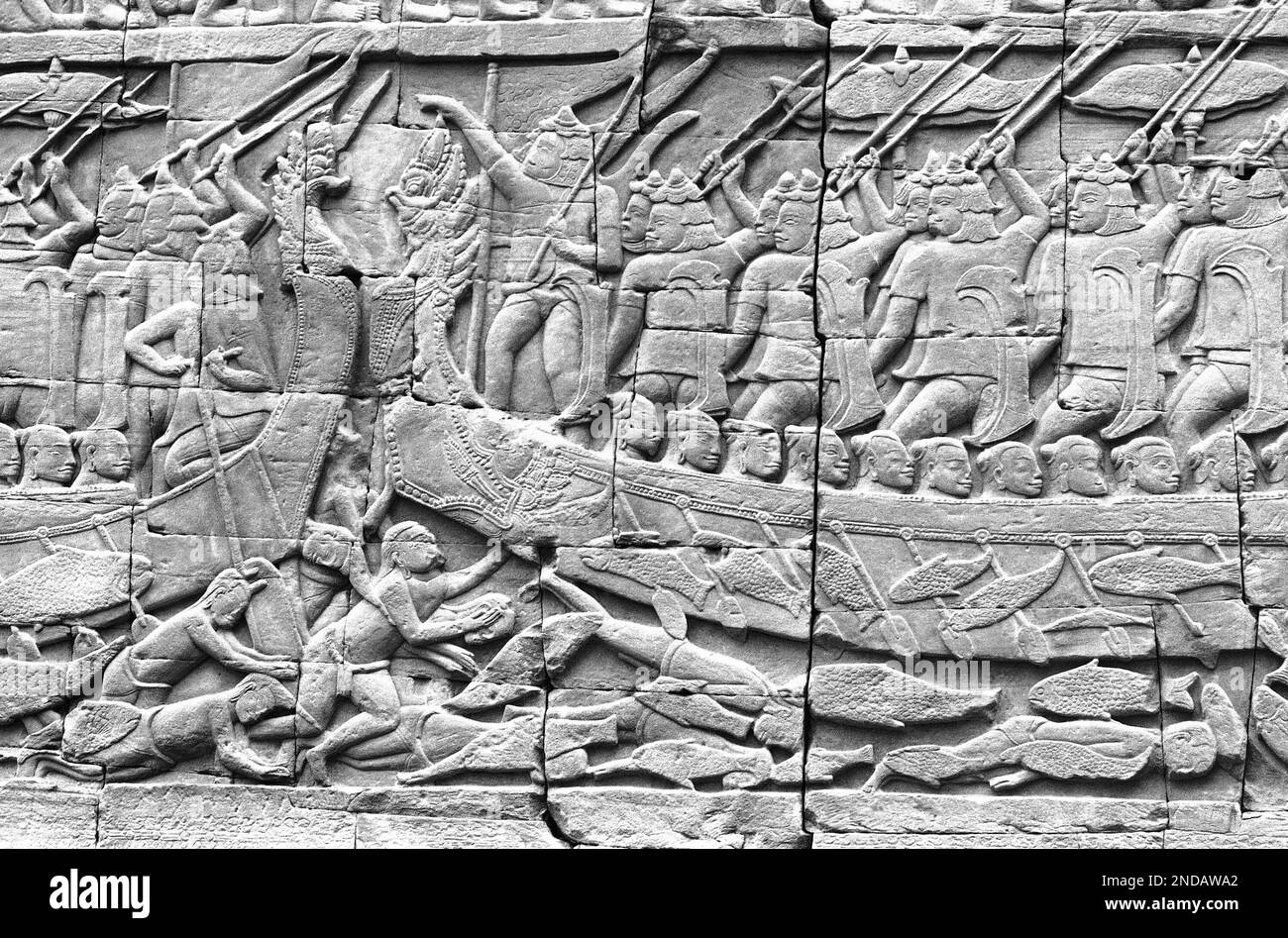 A richly carved relief in one of the Angkor Wat temples of Cambodia on ...