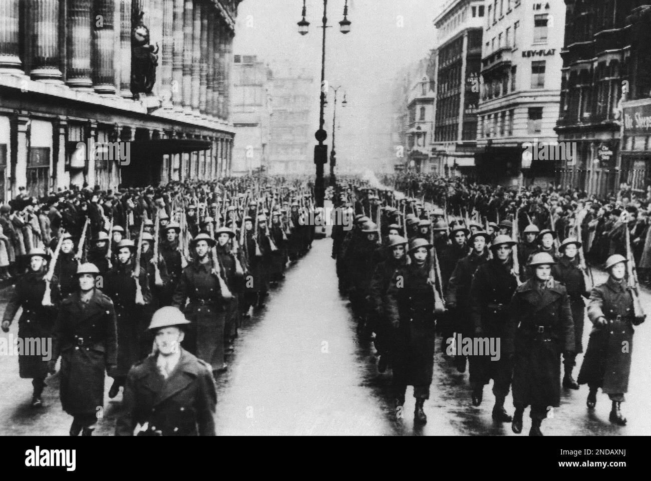 Members of the British Home Guard parade through the streets of London ...