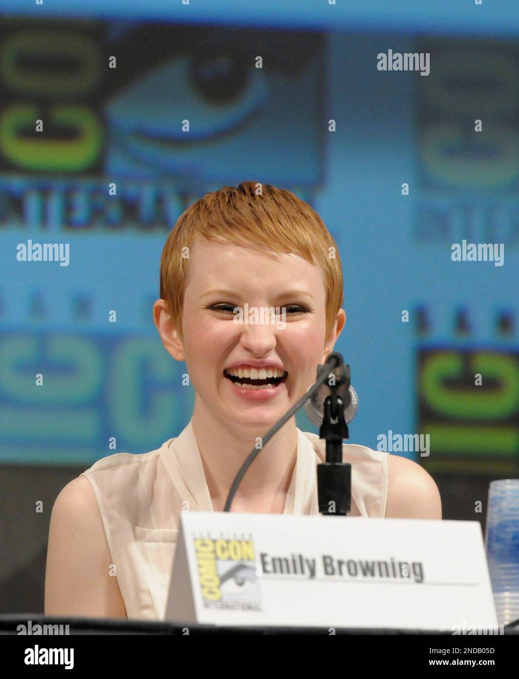Actress Emily Browning speaks at a panel discussion of her feature film "Sucker Punch" at Comic ...