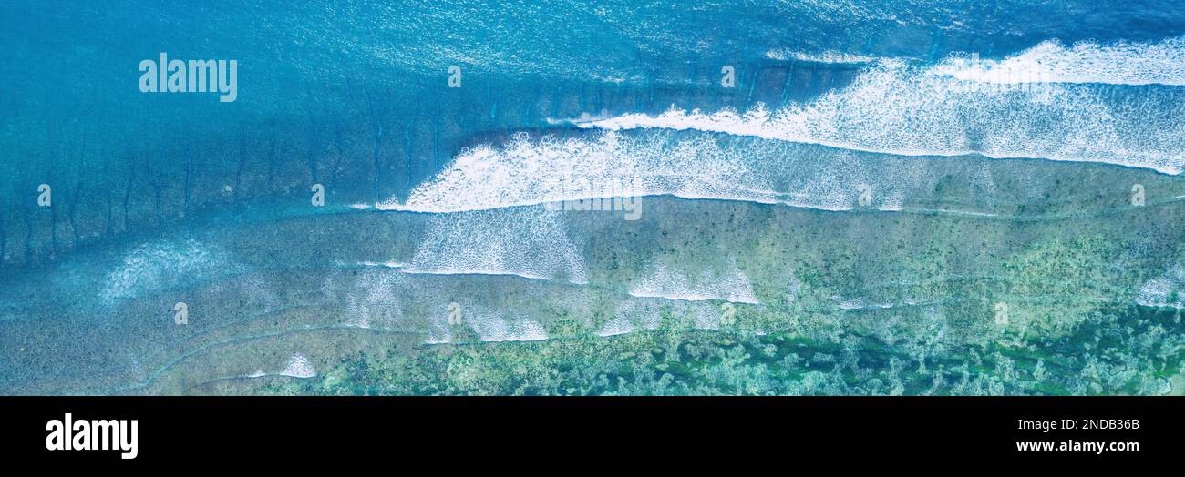 Scenic Aerial panoramic top down view at waves on wide very shallow ...