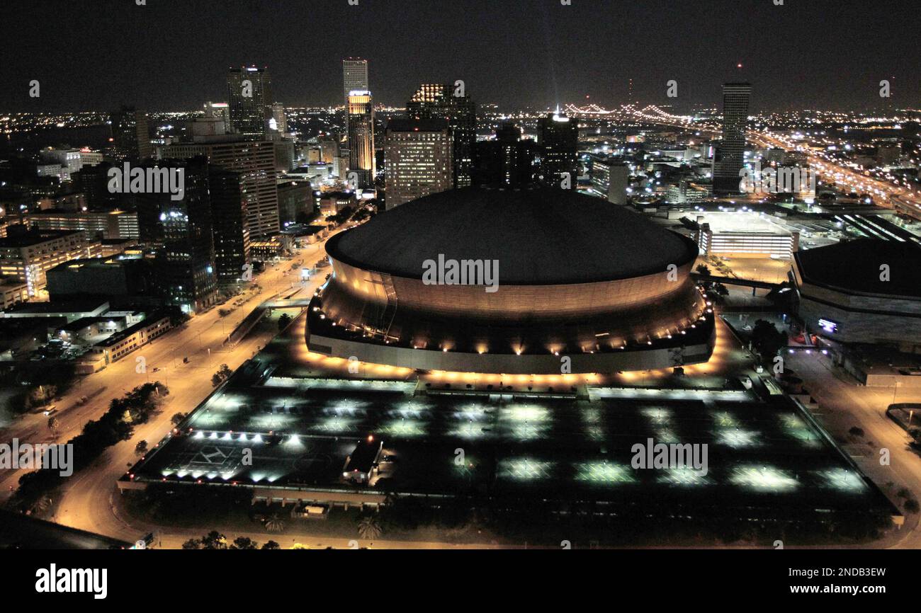 The Louisiana Superdome and New Orleans skyline are seen from the air ...