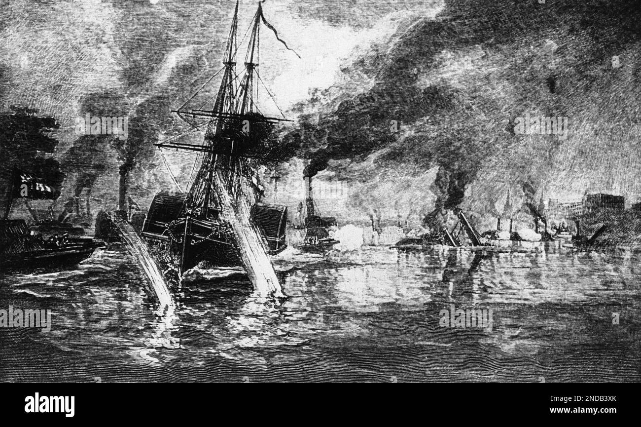 Battle between the Union and Confederate gunboats in the middle of the ...