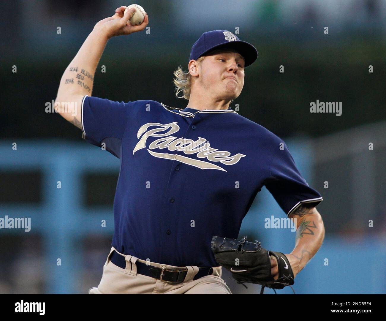 San Diego Padres starting pitcher Mat Latos delivers against the Los ...