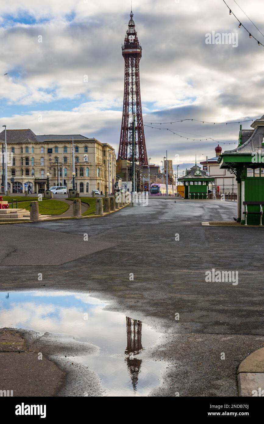 Blackpool tower with reflection in a puddle Stock Photo - Alamy