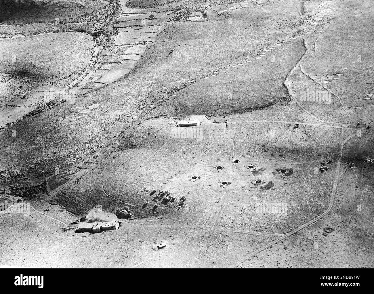 Aerial view of enemy anti-aircraft gun positions outside Tobruk, Libya ...