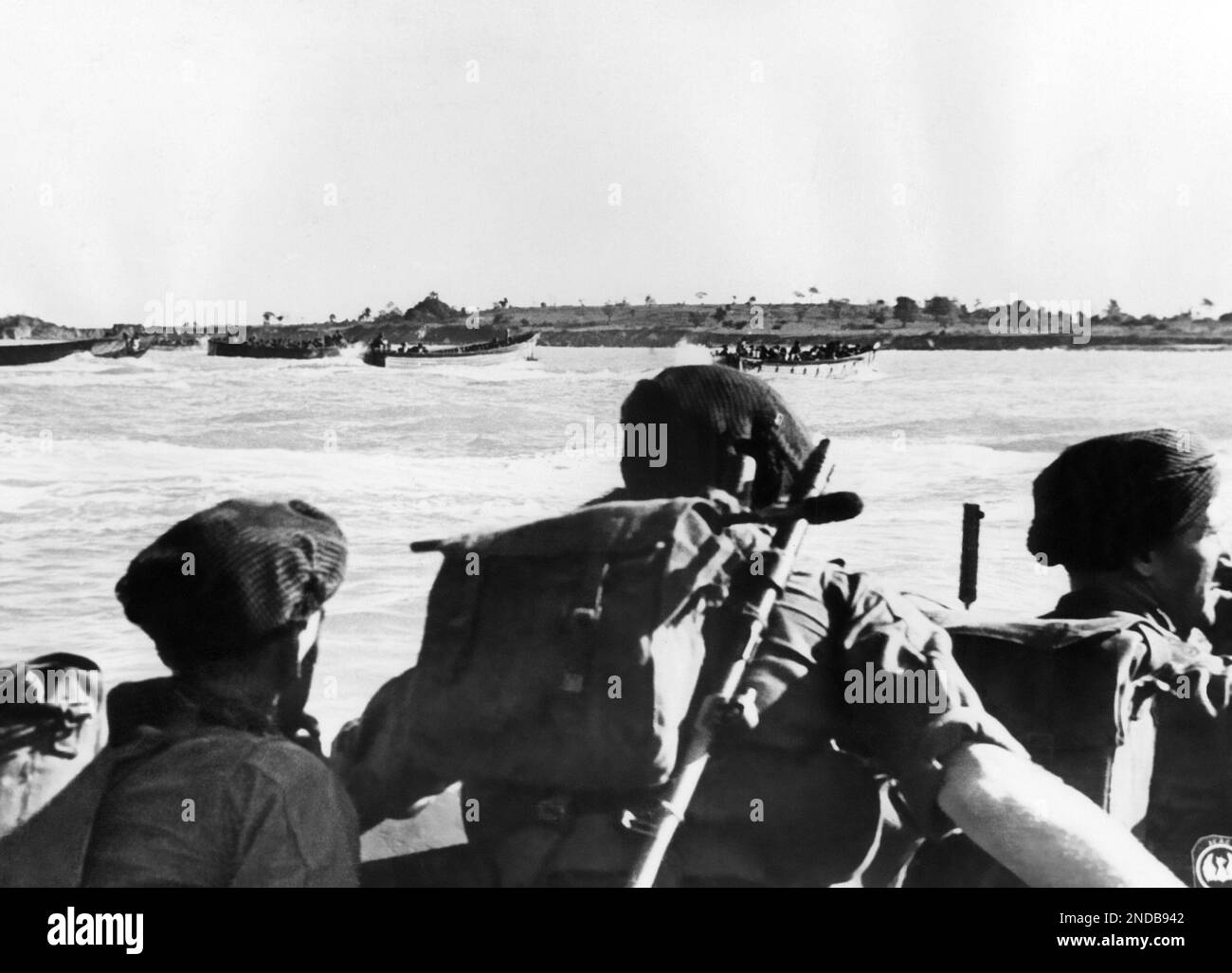 Royal Marines in landing craft on their way to the shore for the ...