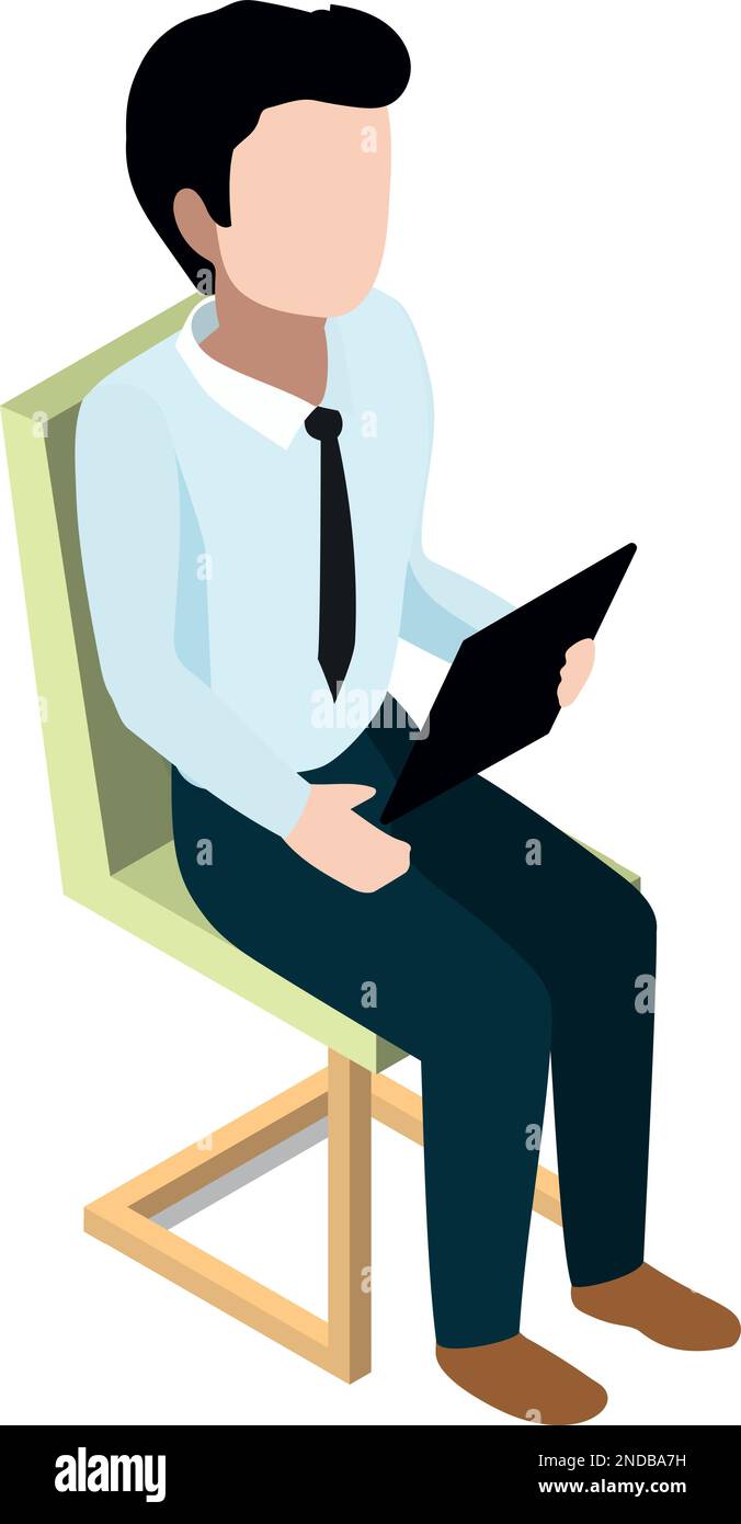Office man sit on chair with tablet. Working business person isometric ...