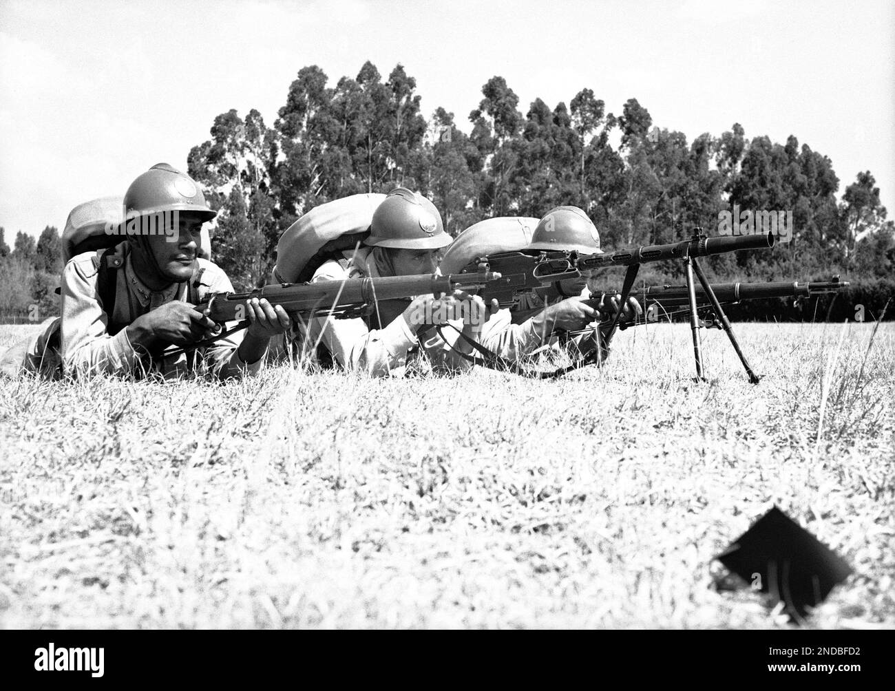 Three soldiers in prone firing position in Chapultepec Park, Mexcio ...