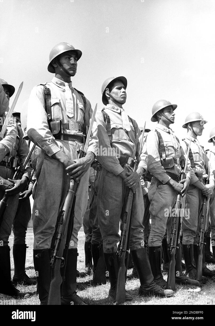 Mexican Army 47th Battalion soldiers standing “at ease” in Chapultepec Park, Mexico City on Nov ...