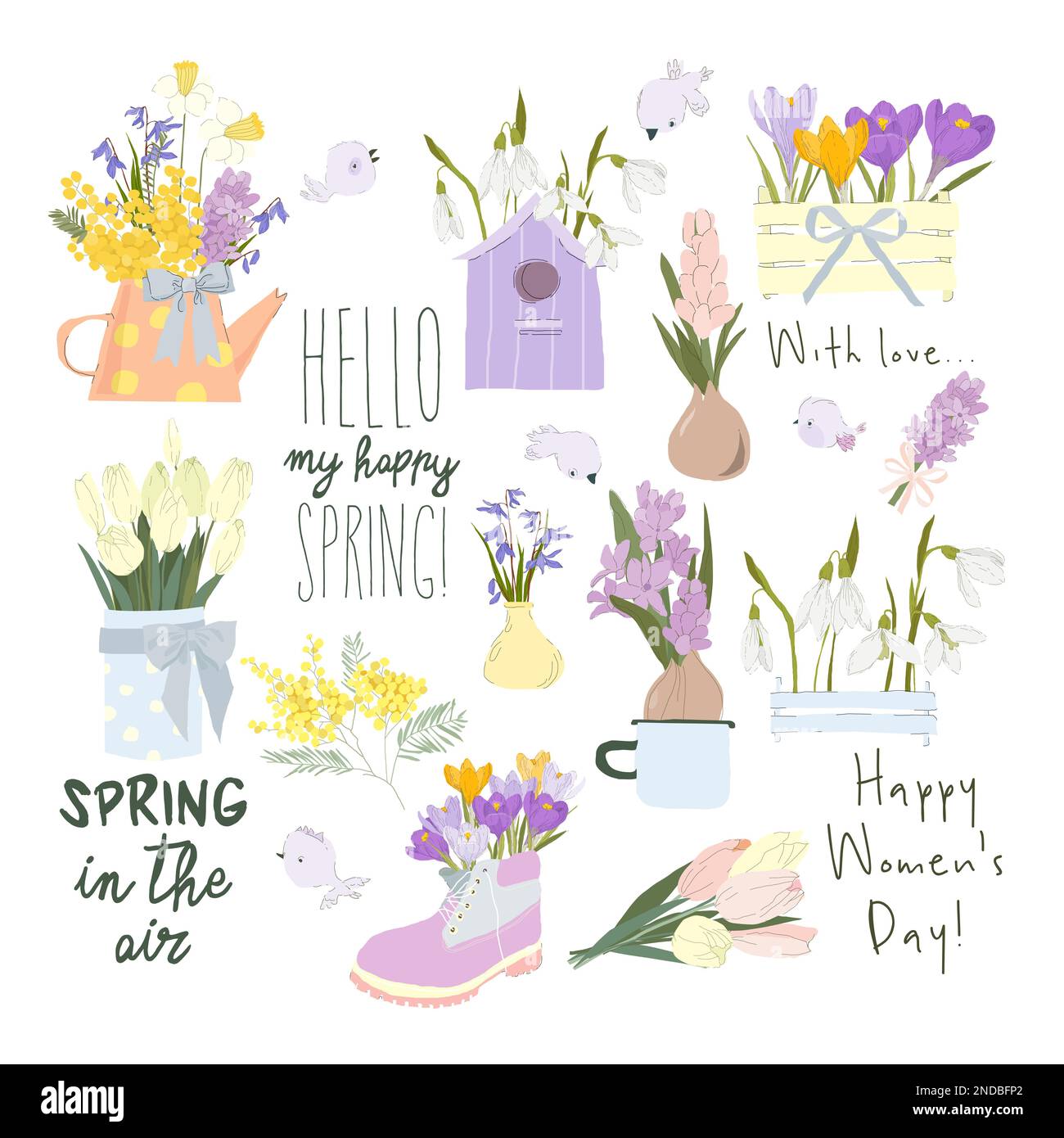 Cartoon Set with Fresh Spring Flowers Bouquets and Birds Stock Vector ...