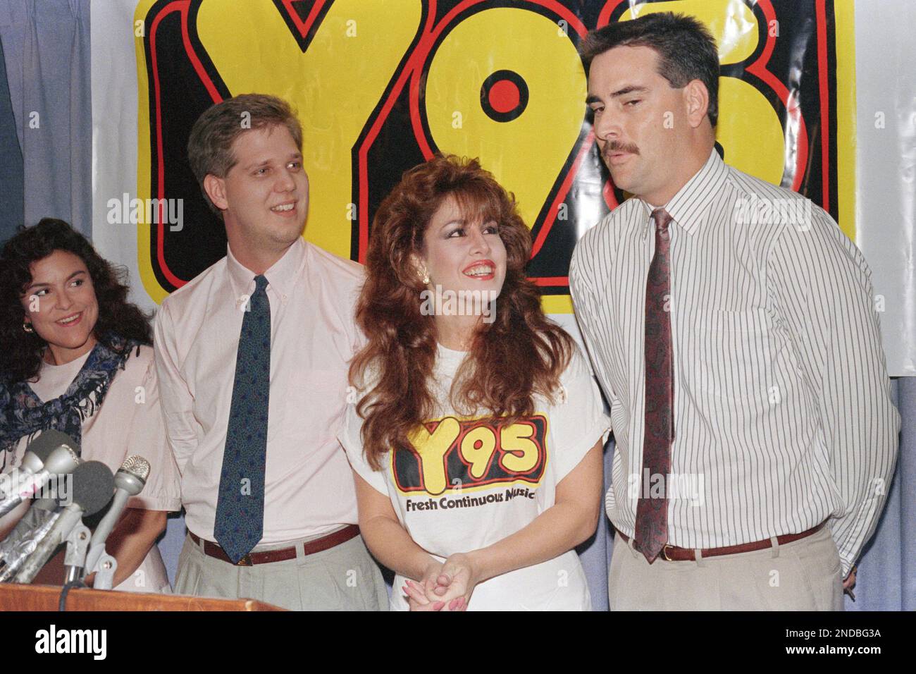 From left to right: Y95 DJs Pat Powers and Glenn Beck, Jessica Hahn ...
